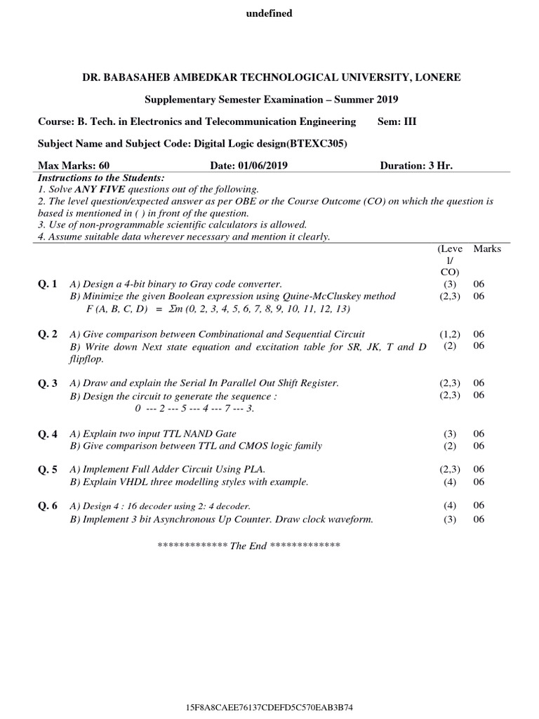 Digital Logic Design Exam Paper 2019 | PDF