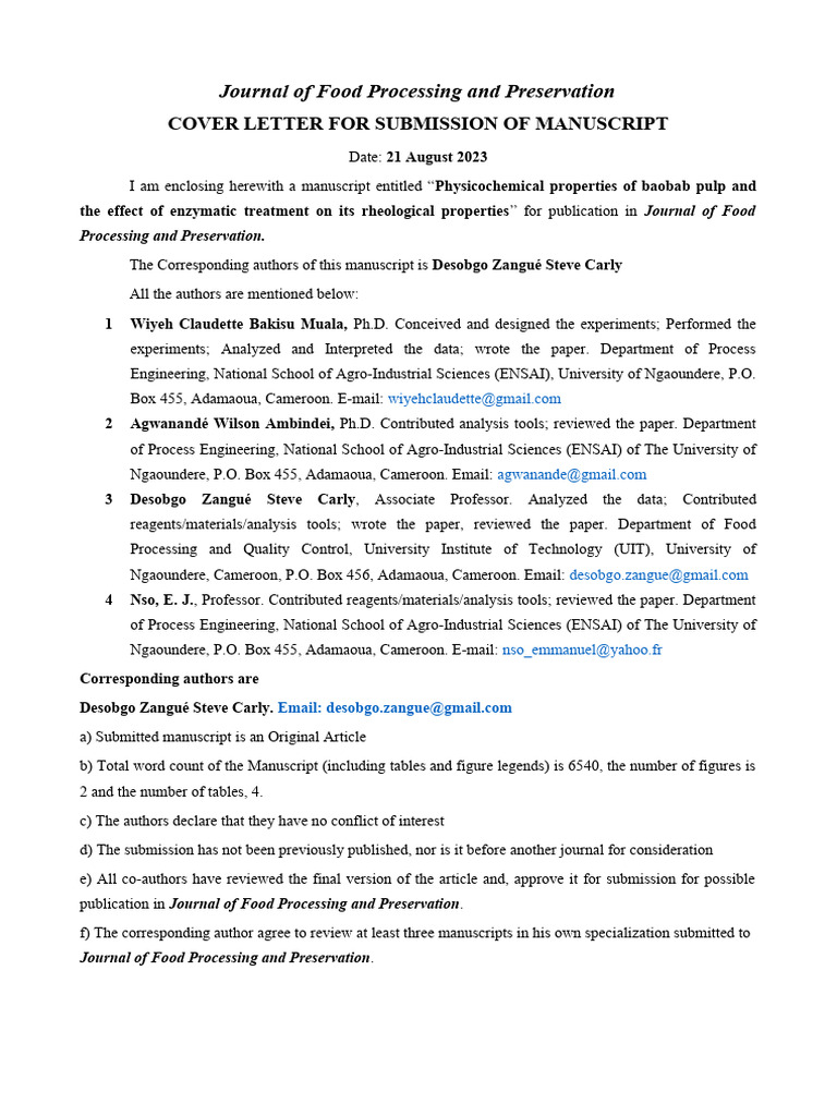 Cover Letter Journal of Food Processing and Preservation | PDF ...