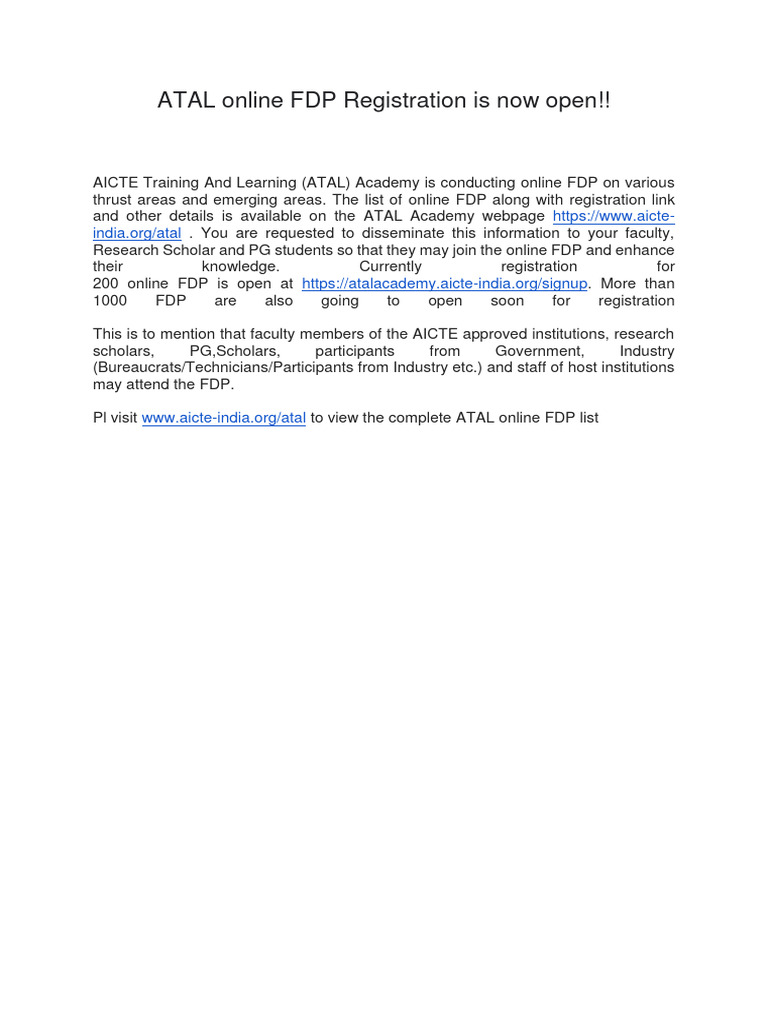 ATAL Online FDP Registration Open Now | PDF