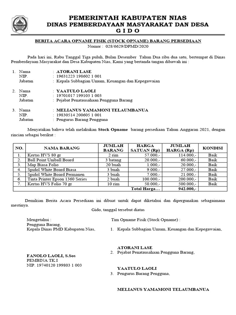 Berita Acara Stock Opname 2021 | PDF