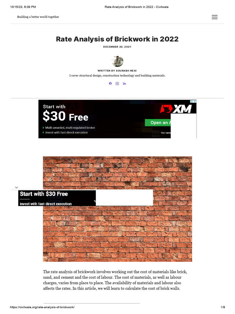 Rate Analysis of Brickwork in 2022 - Civilwala | PDF