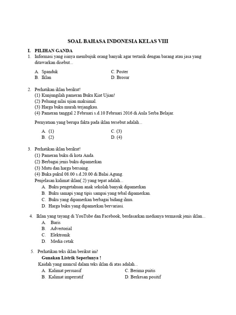 Soal Bahasa Indonesia Kelas Viii | PDF