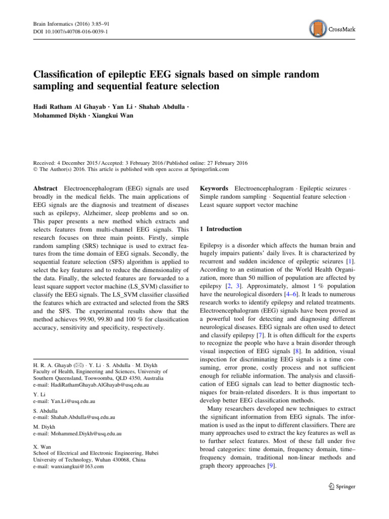 Classification of Epileptic EEG Signals Based On Simple Random Sampling ... Classification of Epileptic EEG Signals Based On Simple Random Sampling ...