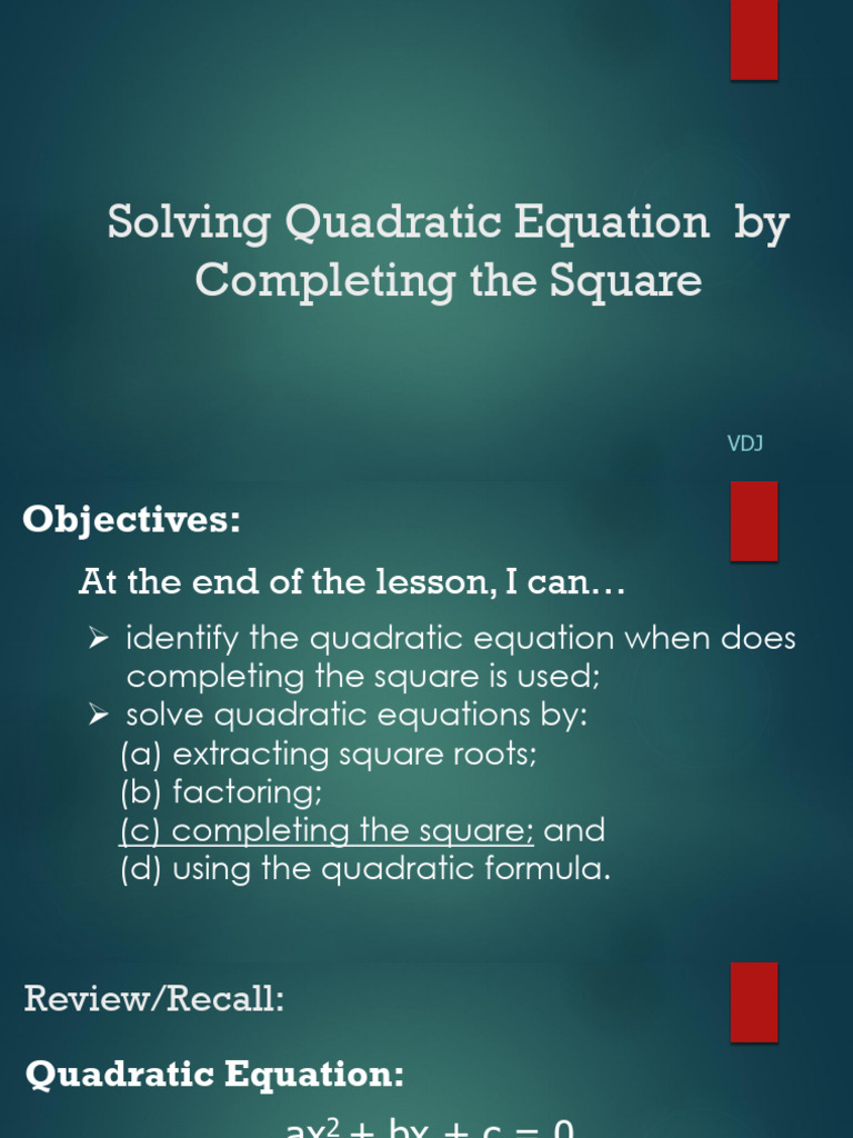 Lesson 2 3 Solving Quadratic Equation by Completing The Square | PDF | Quadratic Equation ...