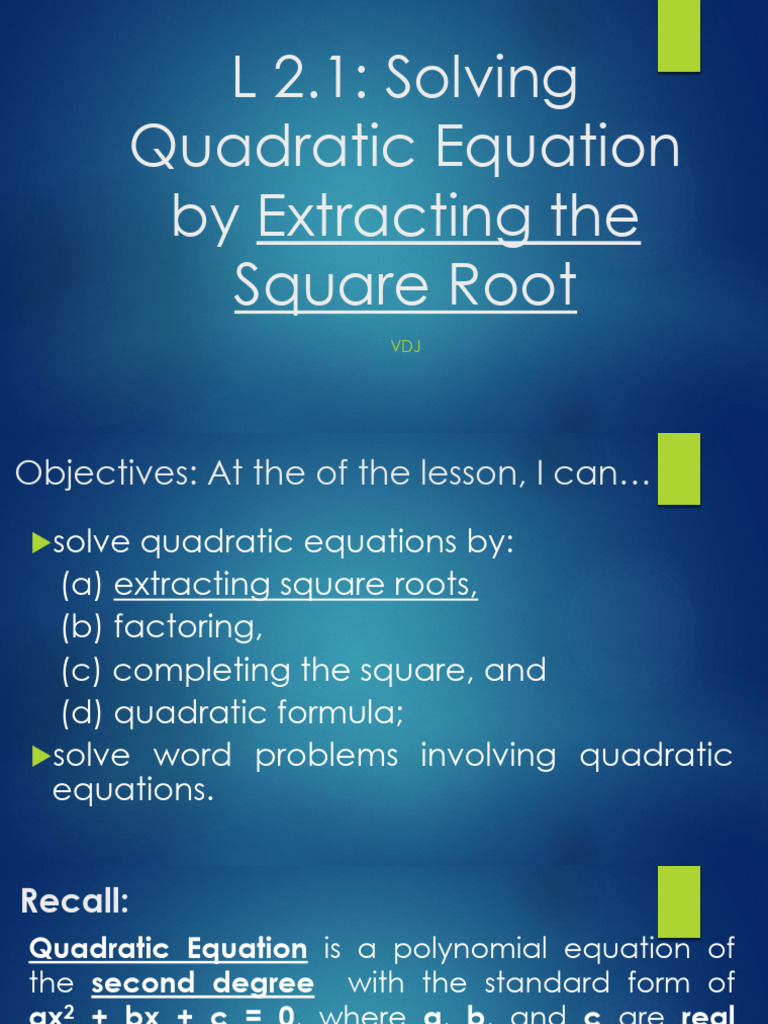 Lesson 2 1 Solving Quadratic Equation by Extracting The Square Root | PDF | Quadratic Equation ...