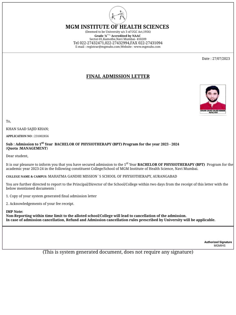 My Final Admission Letter (BPT) | PDF