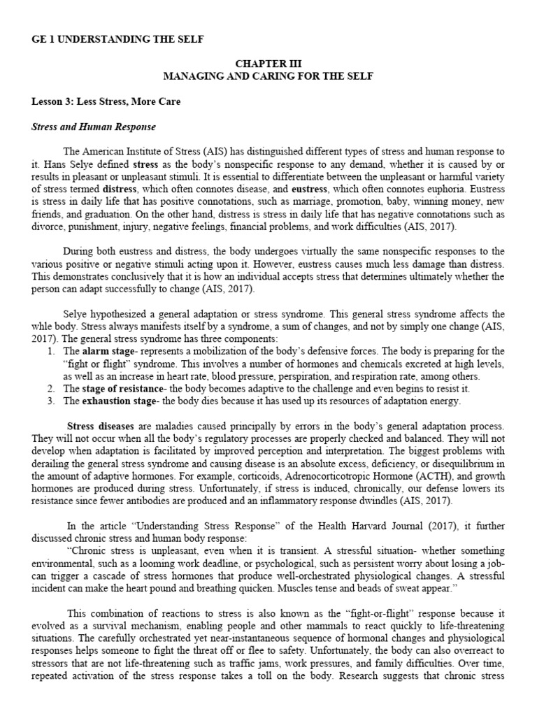 UNDERSTANDING THE SELF CHAPTER 3 Lesson 3 | PDF | Stress (Biology ...