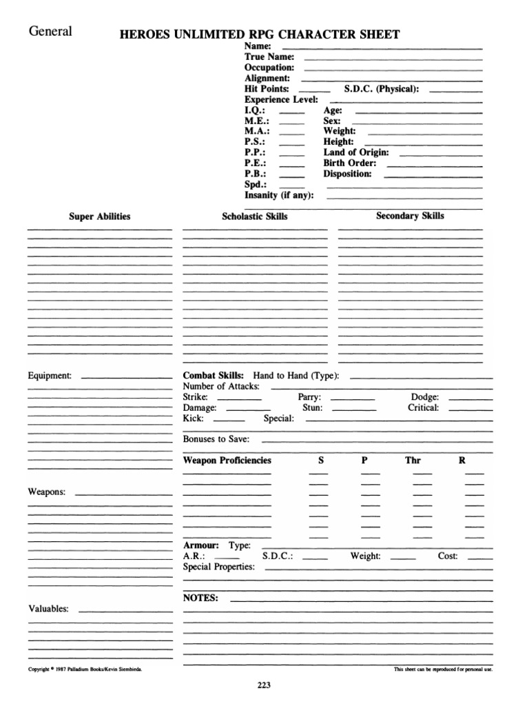 Heroes Unlimited General Character Sheet - Fillable | PDF