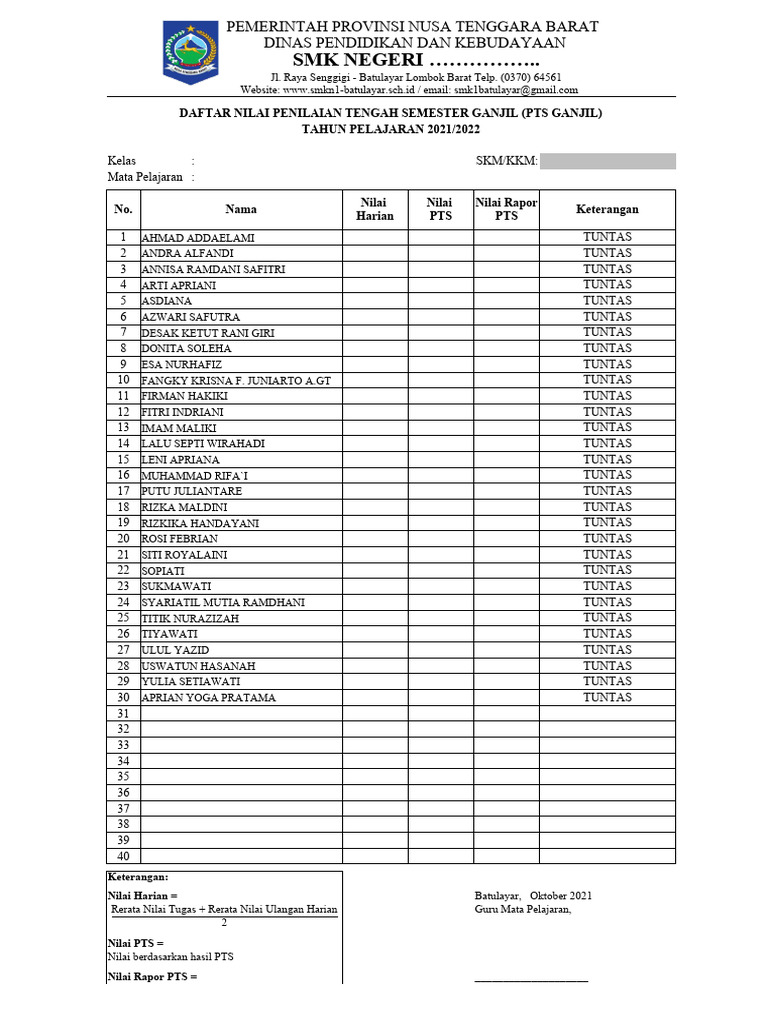 Contoh Daftar Nilai PTS | PDF