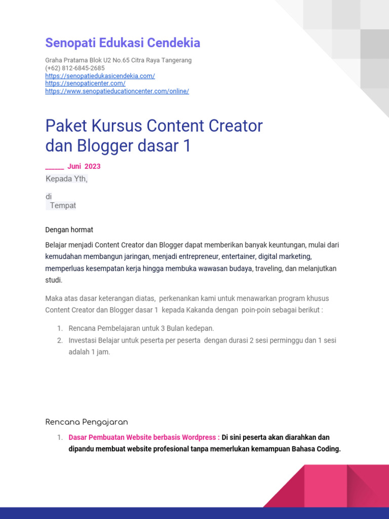 Penawaran Kursus Blogger & Content Creator Dasar 1 | PDF | Karier & Perkembangan