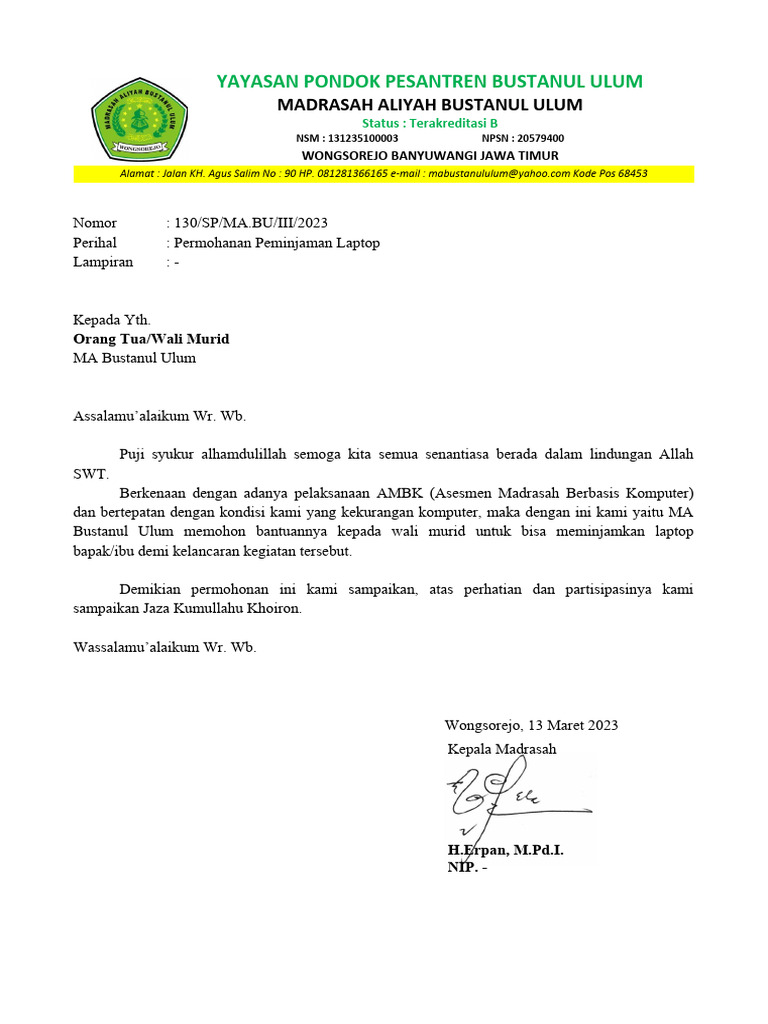 Surat Peminjaman Laptop | PDF