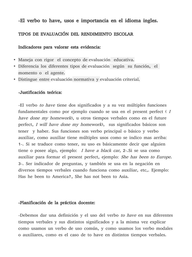 El Verbo To Have, Usos e Importancia en El Idioma Ingles. | PDF