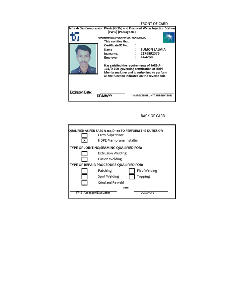 JCC Card For HDPE Applicators - Specimen | PDF