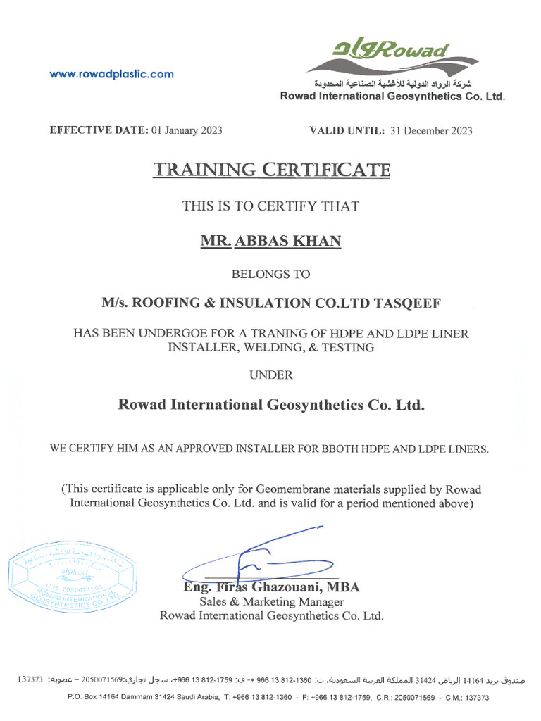 Training Certificate Abbas Khan | PDF