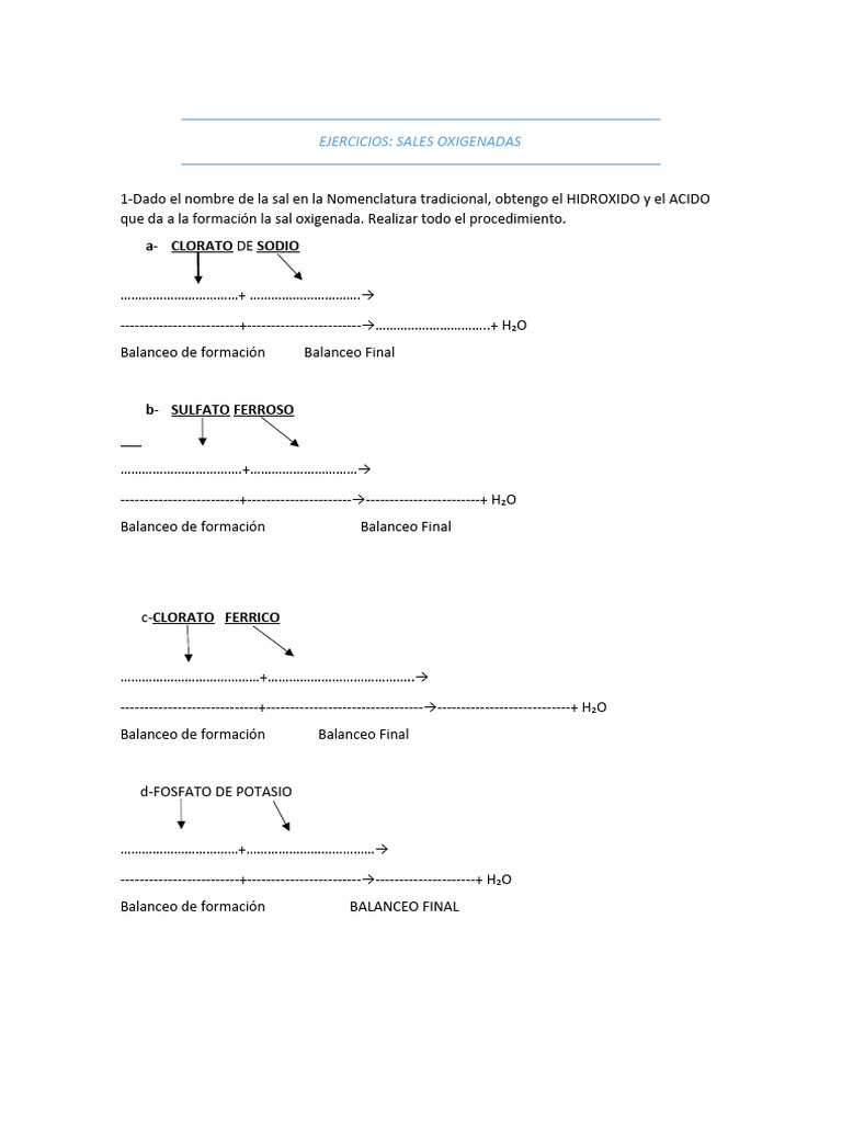 EJERCICIOS Sales Oxigenadas y No | PDF | Sal (química) | Hidróxido