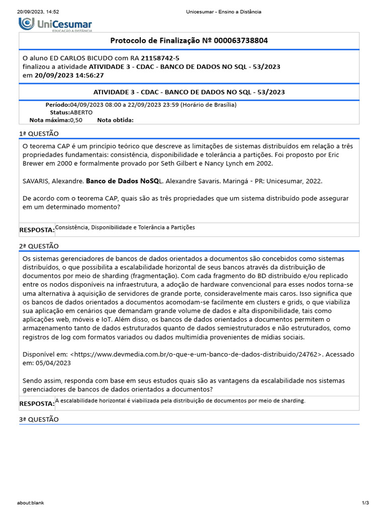 Atividade 3 - Comprovante | PDF | No SQL | Base de dados relacional
