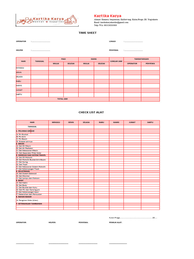 Contoh Time Sheet Alat Berat | PDF