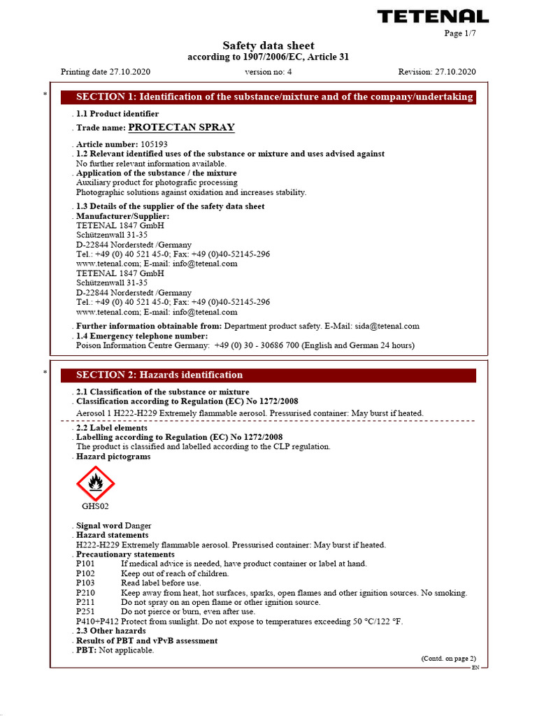 Tetenal Protectan Safety | PDF | Chemistry | Working Conditions