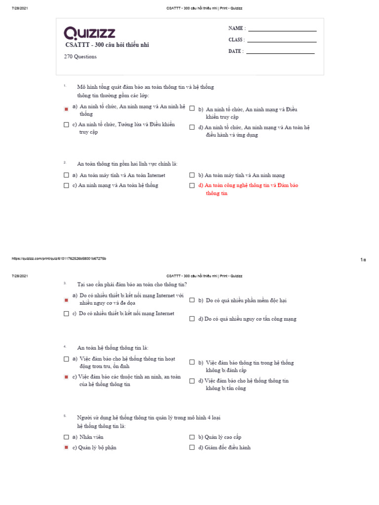 CSATTT 300 Cau Hoi Thieu Nhi | PDF