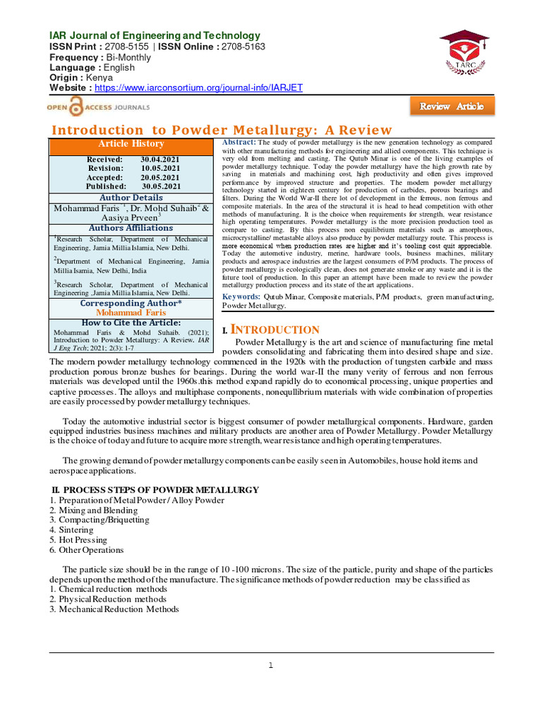 Introduction To Powder Metallurgy A Revi | PDF | Sintering | Secondary Sector Of The Economy