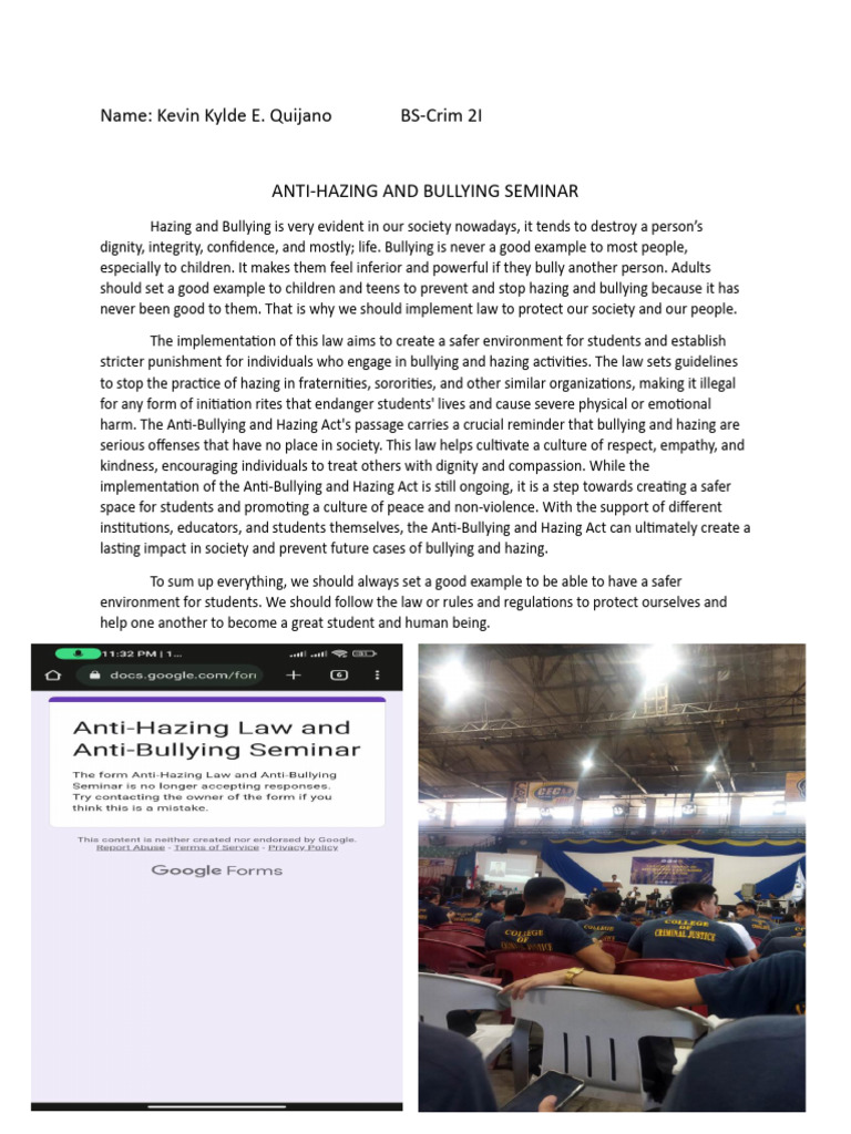 Anti-Hazing and Bullying Reflection Paper | PDF