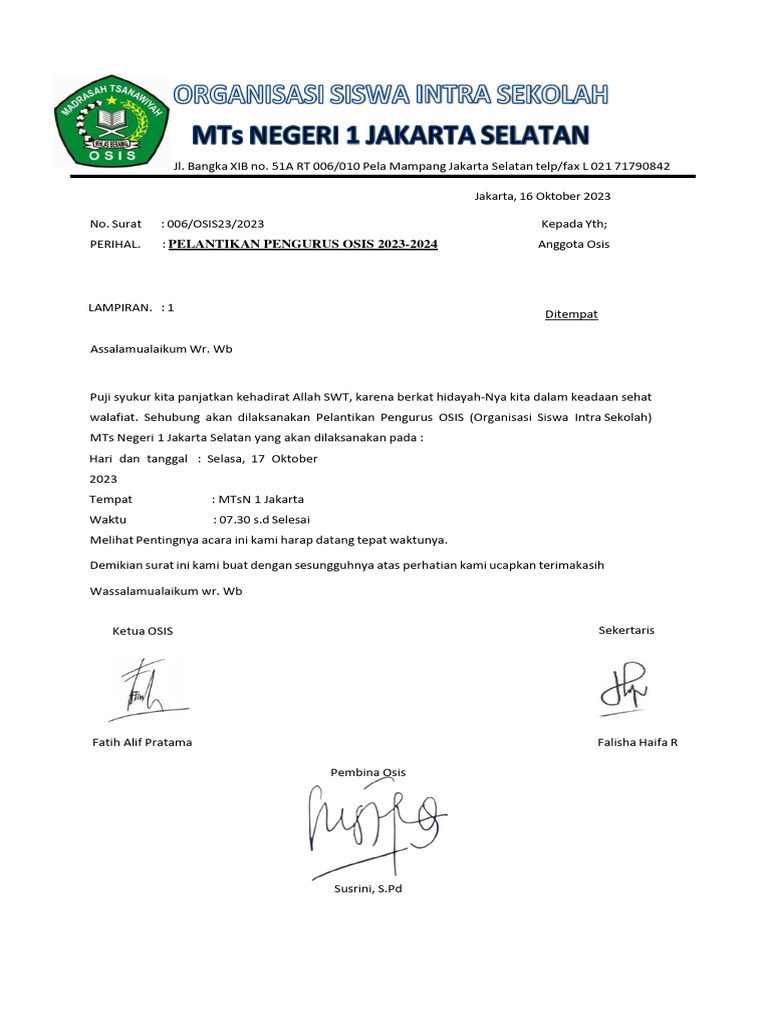 Undangan Pelantikan Pengurus OSIS 2023-2024 | PDF