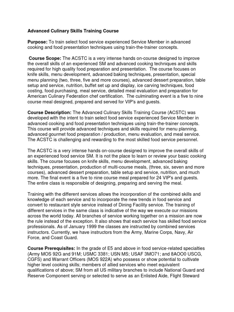 Advance Culinary Skills Training Course | PDF | United States Coast ...
