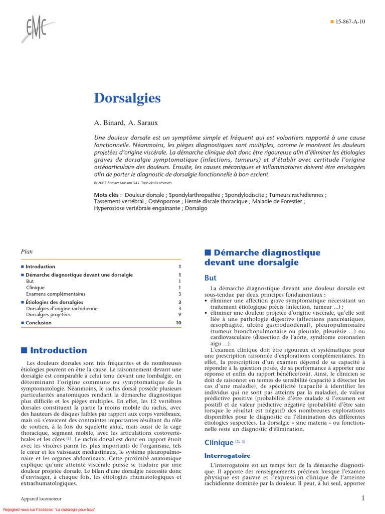 Diagnostic des dorsalgies thoraciques | PDF | Mal de dos | Colonne ...