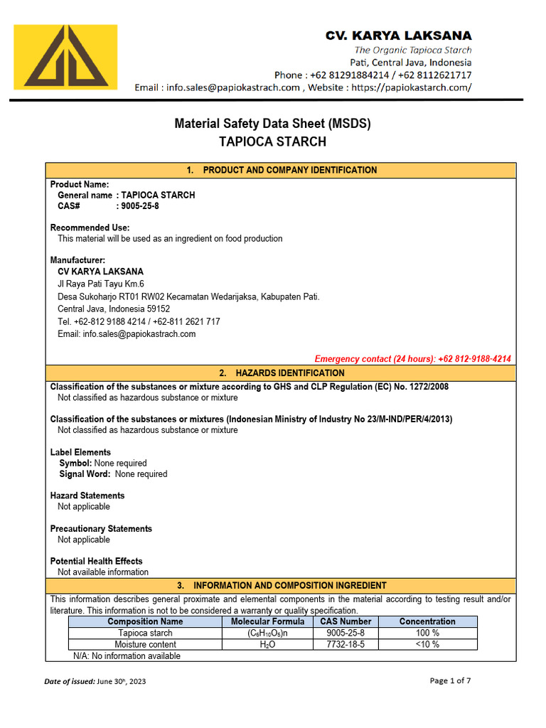 MSDS - Tapioca Starch (China) | PDF | Dangerous Goods | Waste