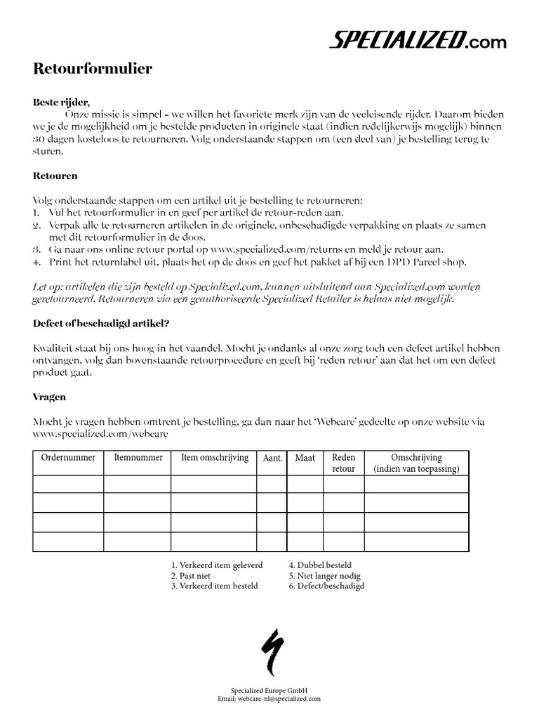 Dutch Returns Form NL | PDF