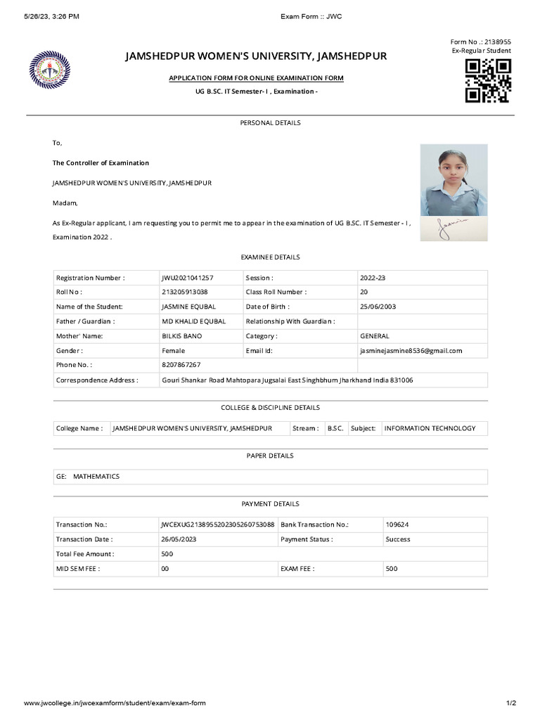 Exam Form Sem 1 Maths | PDF