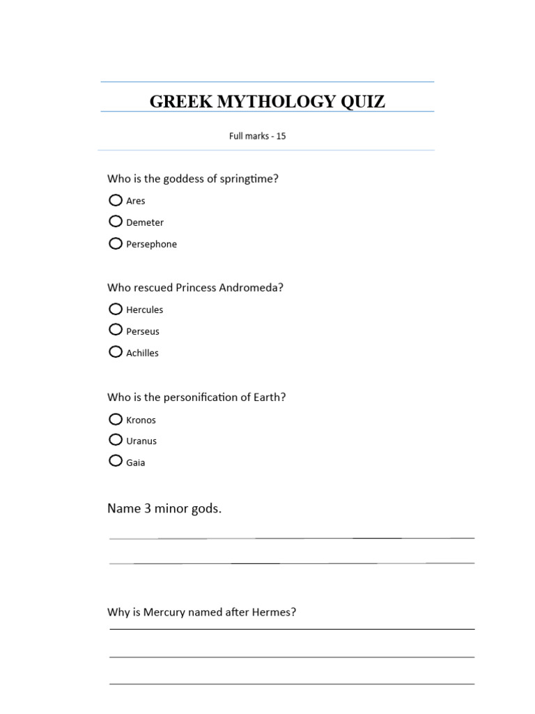 Greek Mythology Quiz Questions | PDF