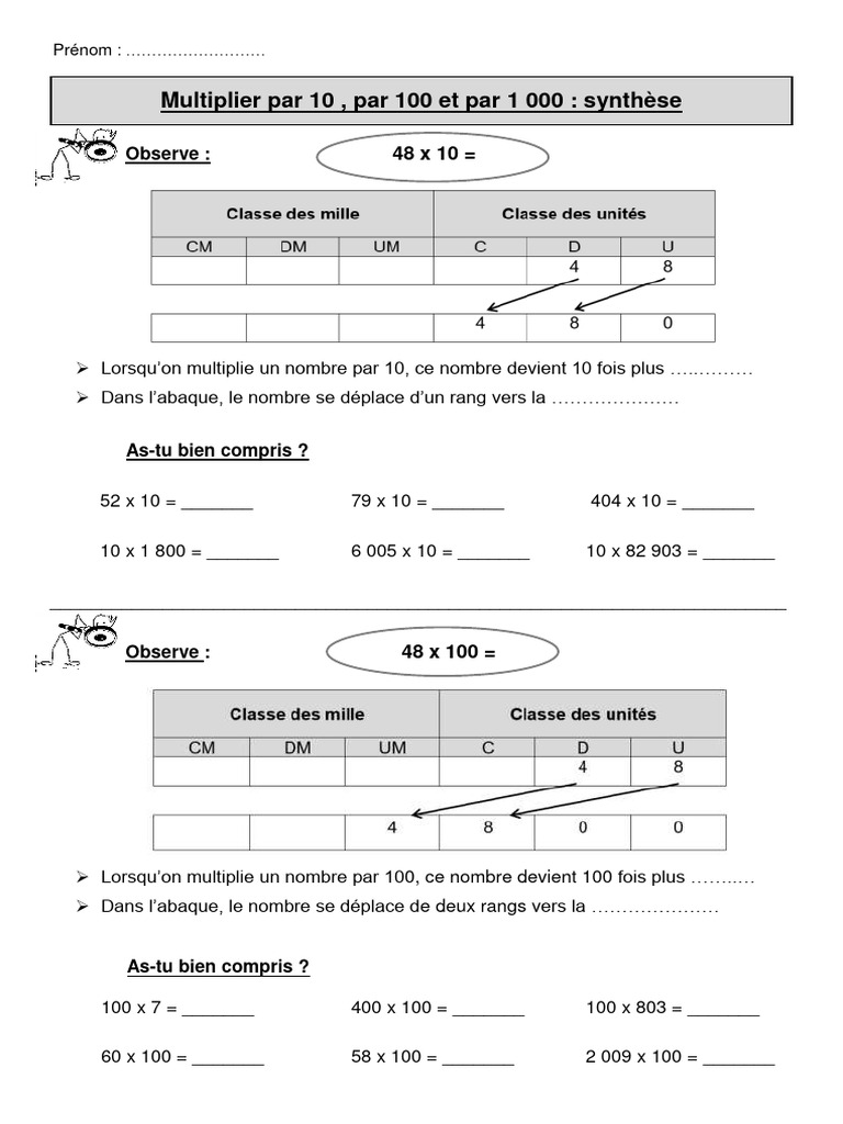 Exercices de multiplication par 10, 100, 1000 | PDF