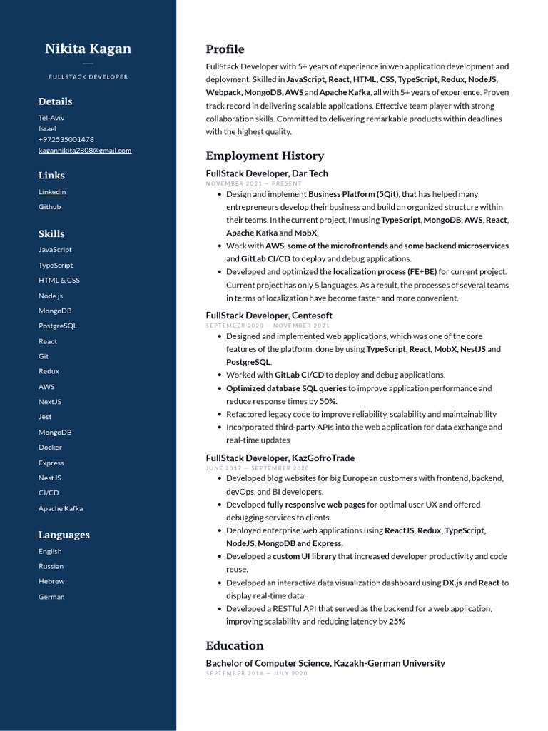 Nikita Kagan FullStack CV | PDF