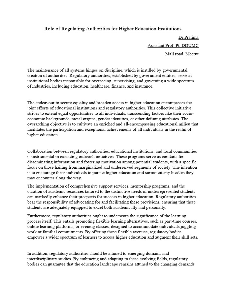 Role of Regulating Authorities For Higher Education Institutions | PDF