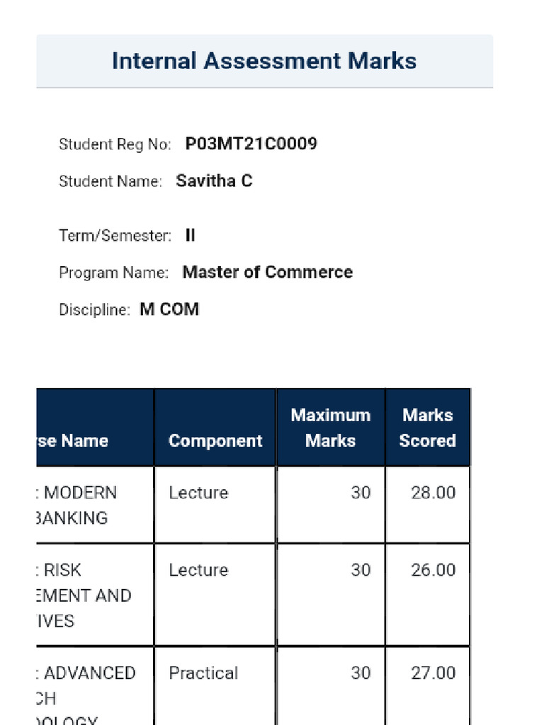 Student Internal Assessment Marks | PDF