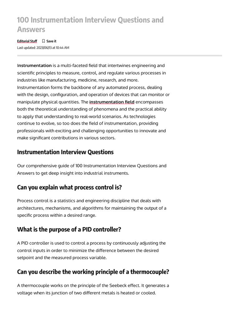 100 Instrumentation Interview Questions and Answers | PDF | Flow Measurement | Instrumentation