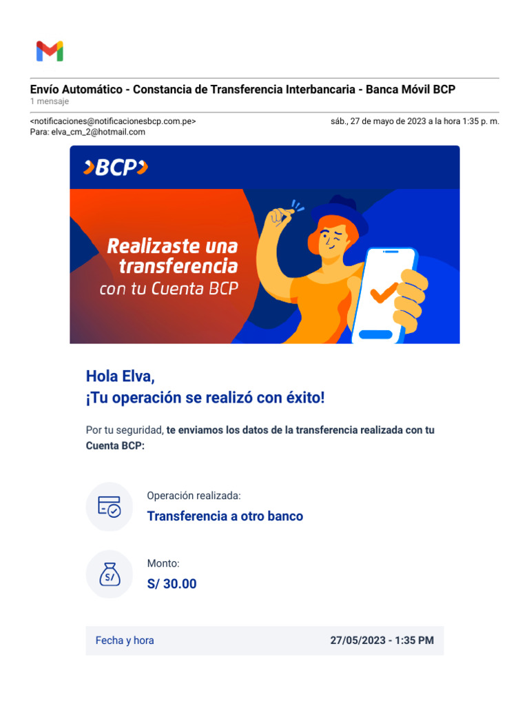 Gmail - Envío Automático - Constancia de Transferencia Interbancaria - Banca Móvil BCP | PDF
