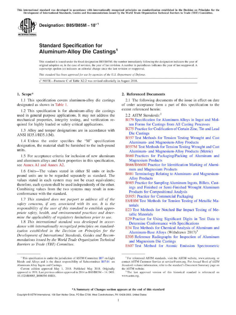 ASTM B85B85M 18e1 Standard Specification For Aluminum Alloy Die Castings | PDF | Engineering ...