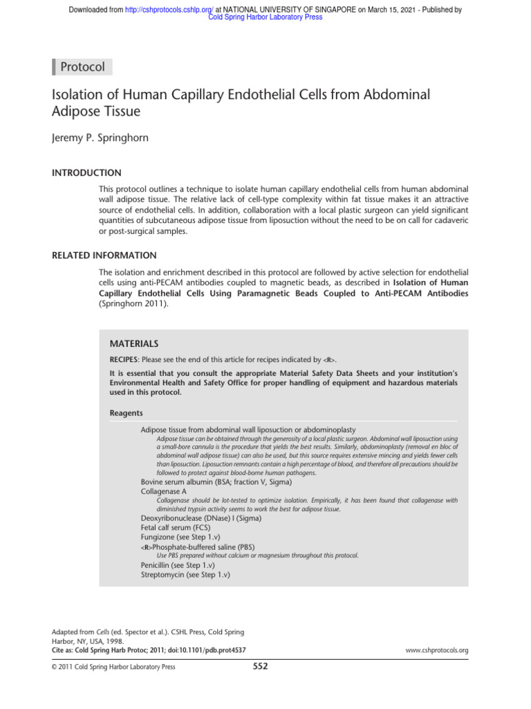 Cold Spring Harb Protoc-2011-Springhorn-pdb - Prot4537 | PDF | Centrifuge | Adipose Tissue