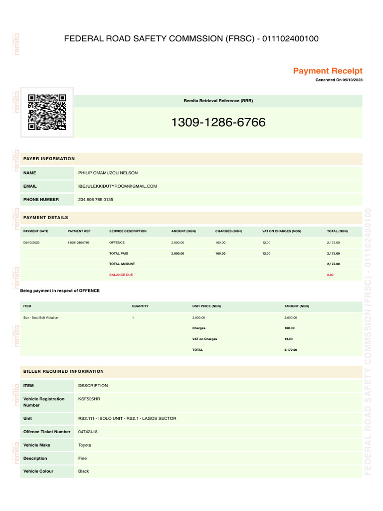 Federal Road Safety Commssion (FRSC) - 011102400100: Payment Receipt | PDF