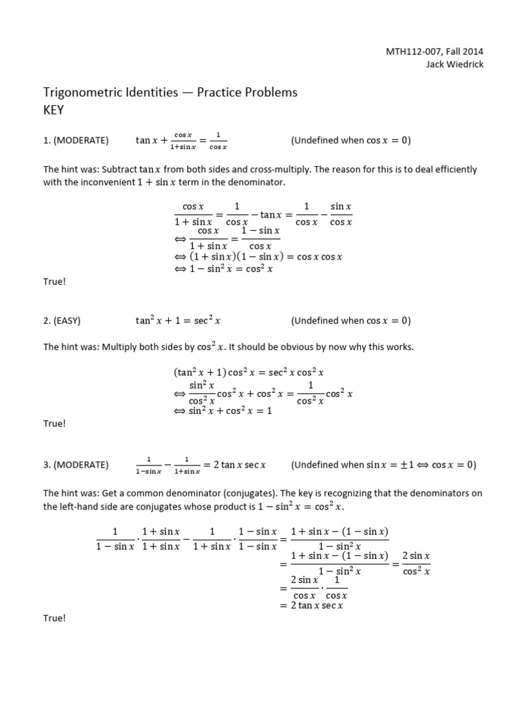 TrigIdentities PracticeProblems KEY | PDF | Mathematical Analysis | Functions And Mappings