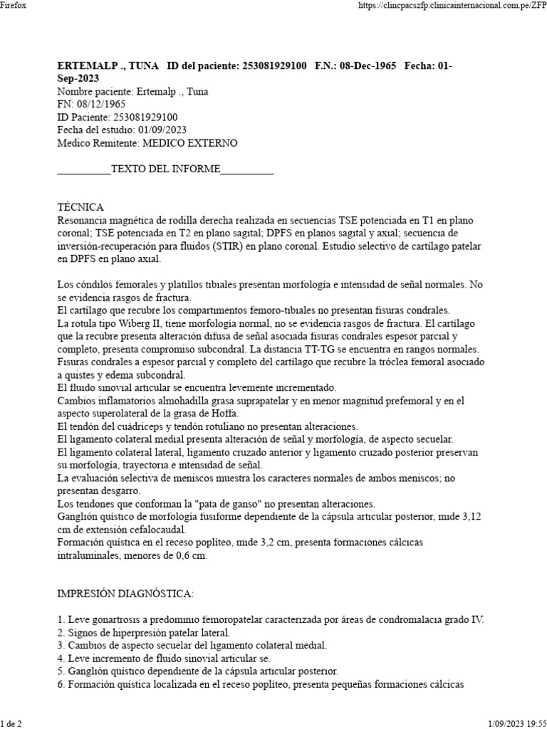 Informe de RM de Rodilla Derecha | PDF | Articulaciones | Sistema ...