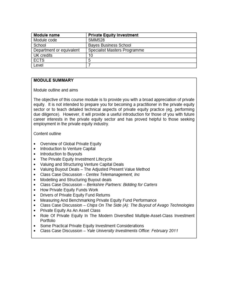 Private Equity Investment Overview Module | PDF | Private Equity ...