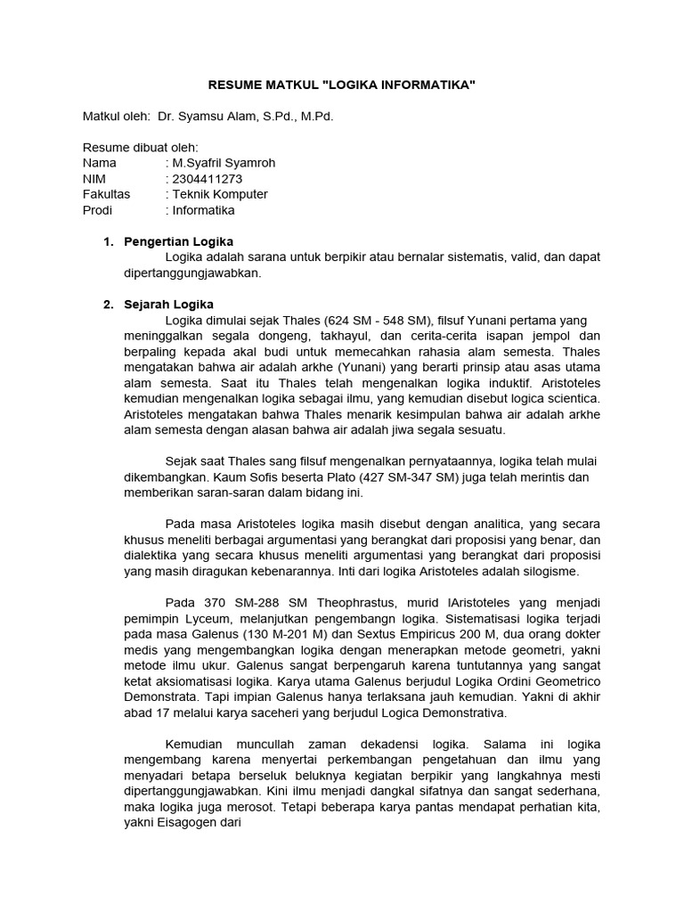 1G Resume Matkul Logika Informatika Syafril | PDF | Ilmu Sosial | Sejarah