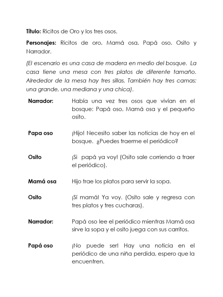 Obra de Teatro: Ricitos de Oro | PDF | Osos | Ricitos de oro y los tres ...