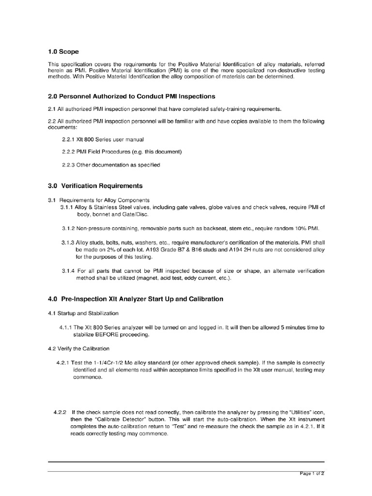 Positive Material Identification Procedure (PMI) | PDF