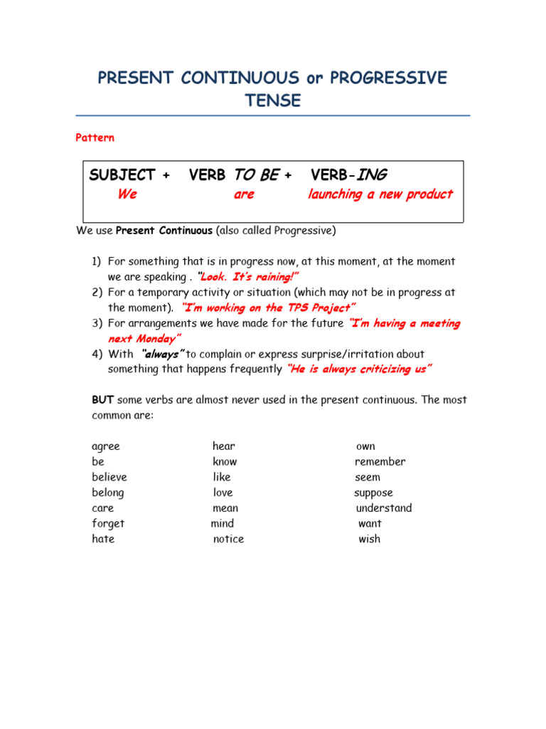 PRESENT CONTINUOUS or PROGRESSIVE TENSE | PDF | Verb | Syllable