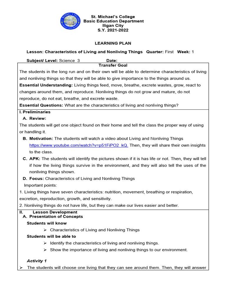 Characteristics of Living Things Lesson Plan | PDF | Learning ...