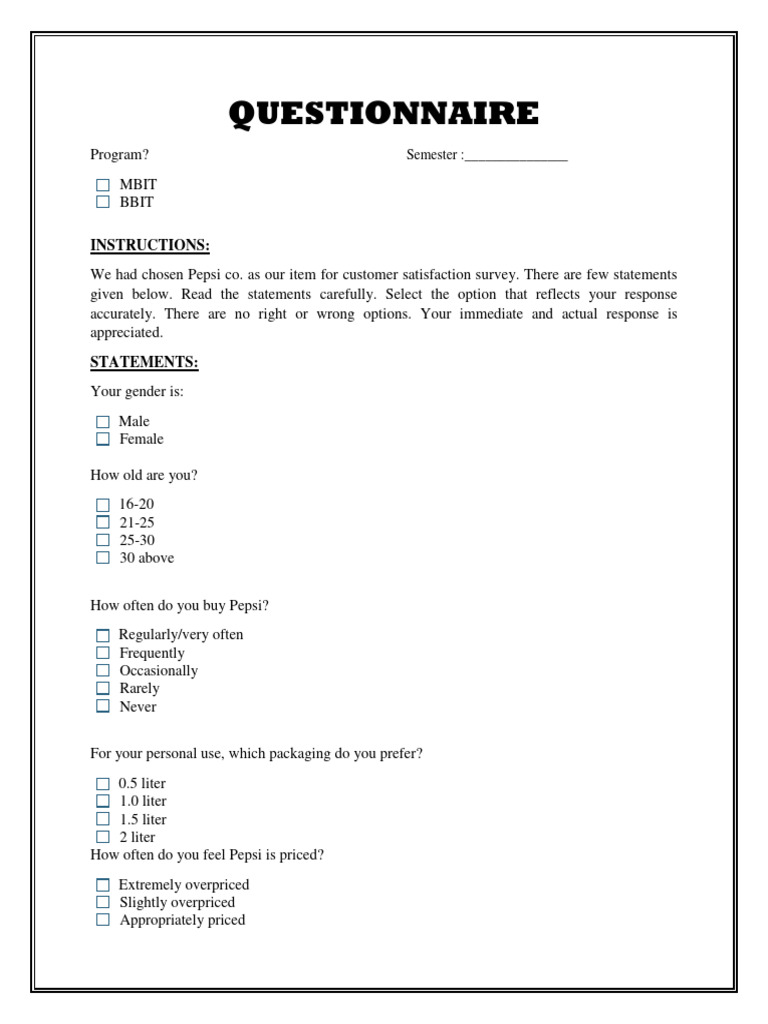 QUESTIONNAIRE | PDF | Advertising | Pepsi